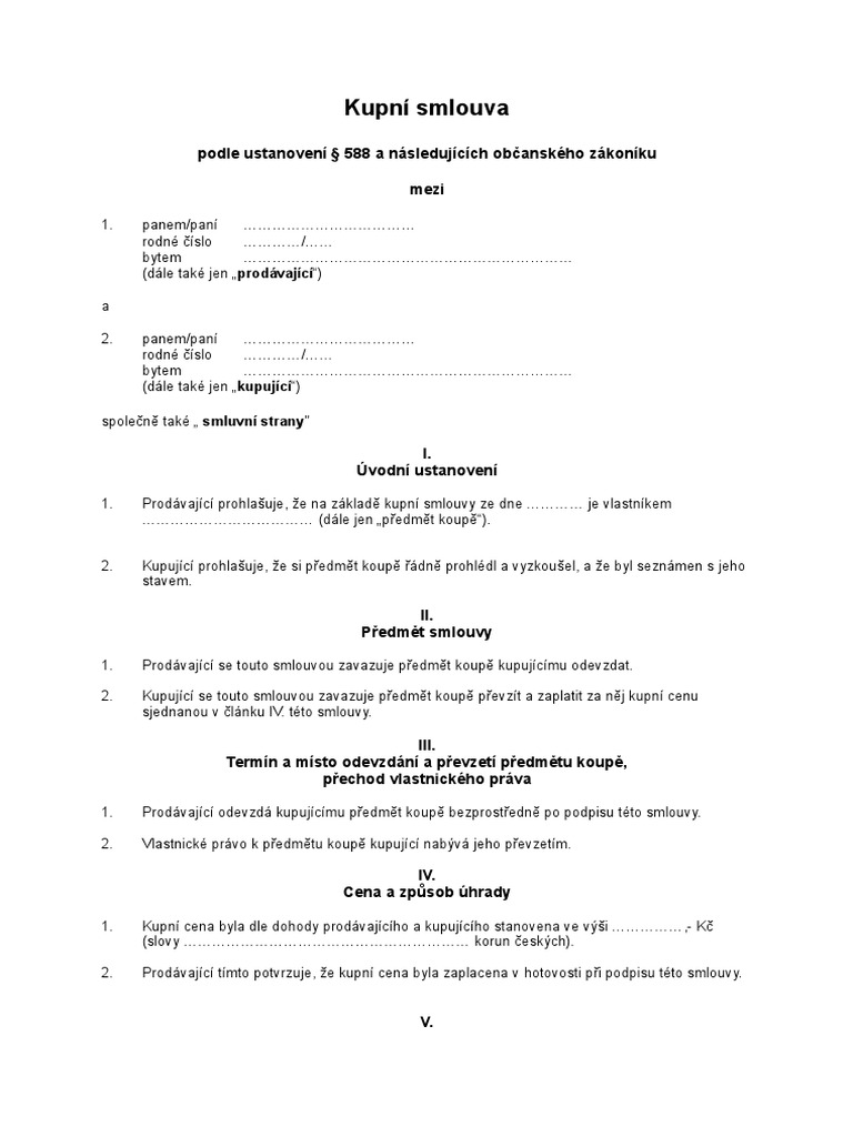 Kupni Smlouva Na Prodej Movite Veci Univerzalni Vzor Smlouvy | PDF