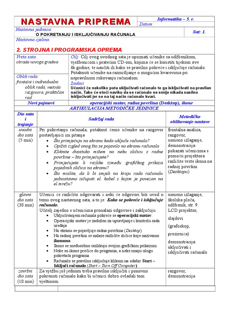 Nastavne Pripreme Za Informatiku V Razred | PDF
