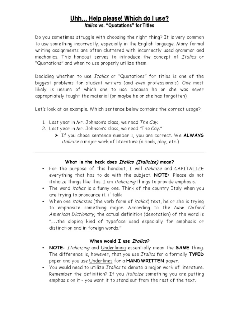 Italics vs. Quotation Marks in Titles | PDF | Quotation Mark | Semiotics