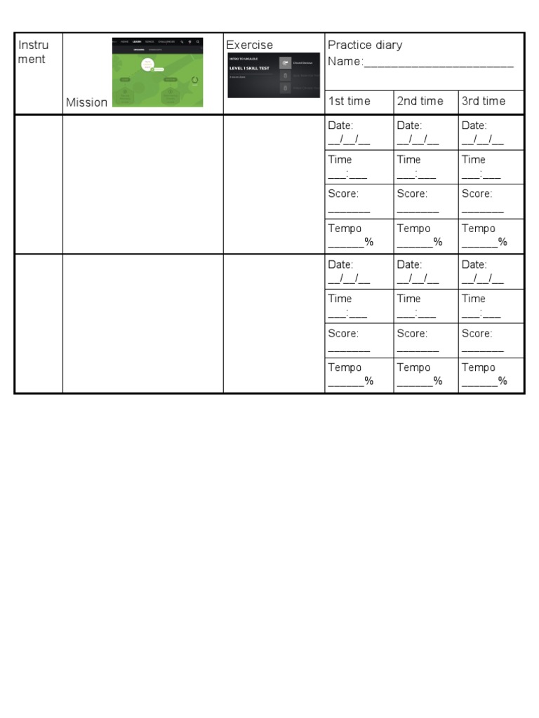 Instru Ment Exercise Practice Diary Name: - 1st Time 2nd Time 3rd Time ...