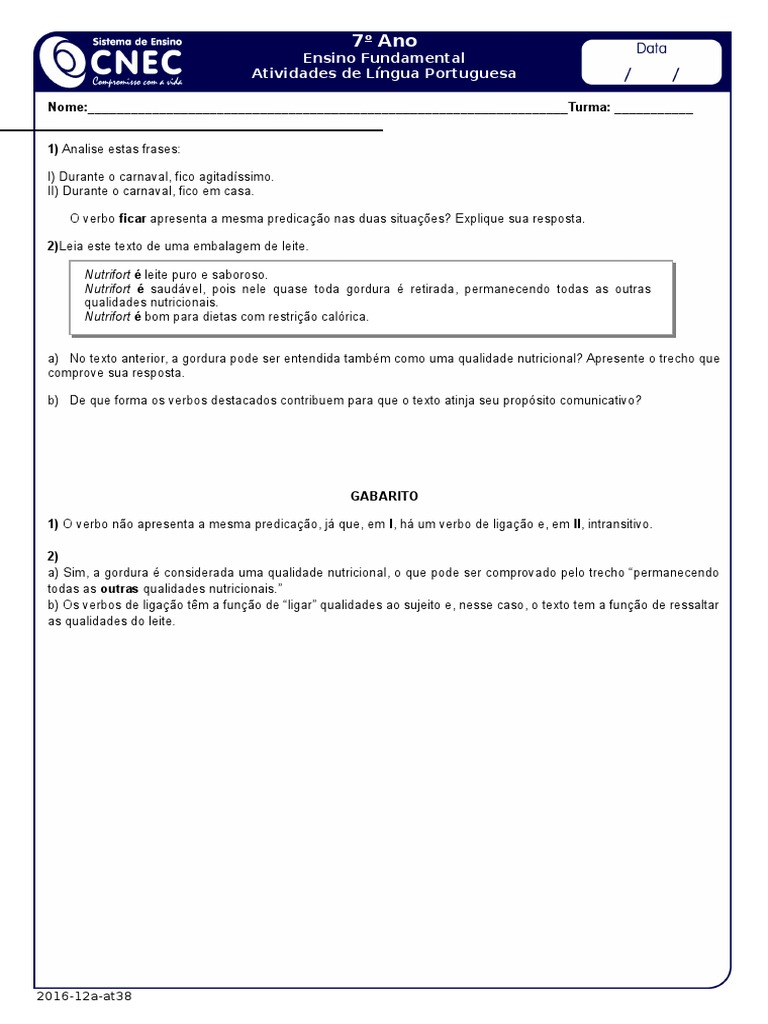 Exercício 7° Ano - Passar No Quadro | PDF