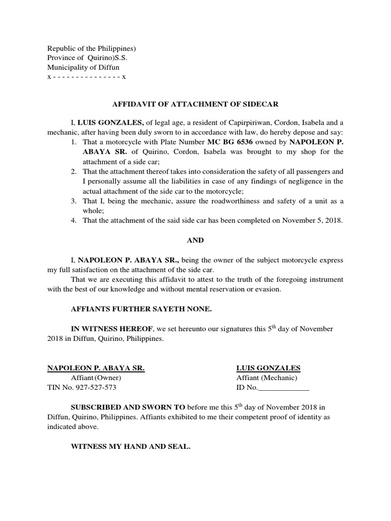 Affidavit of Attachment of Sidecar | PDF | Affidavit | Legal Procedure