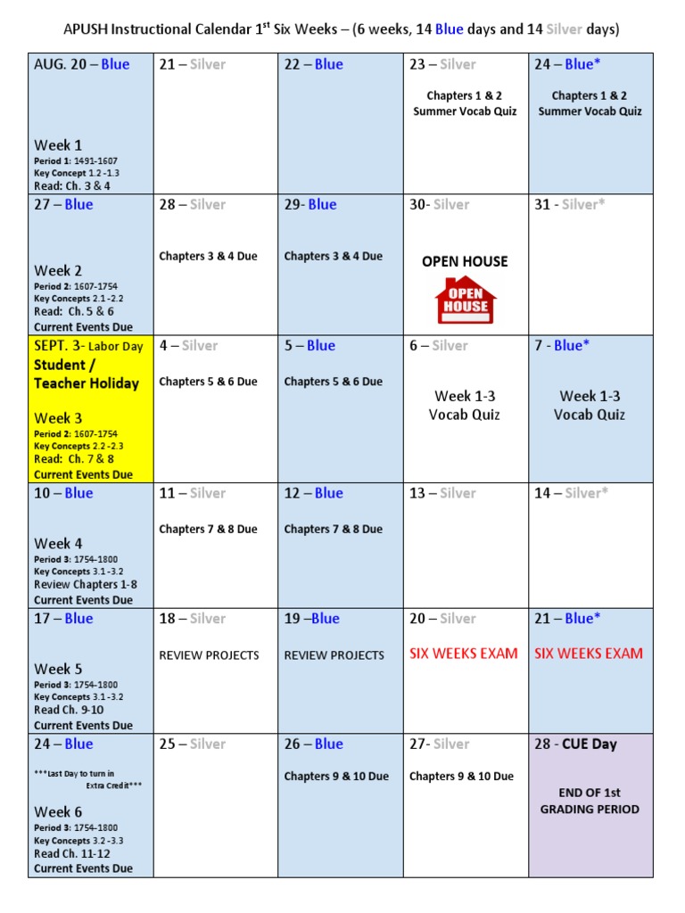 APUSH 6-Week Instructional Calendar | PDF | Academic Term | Advanced ...