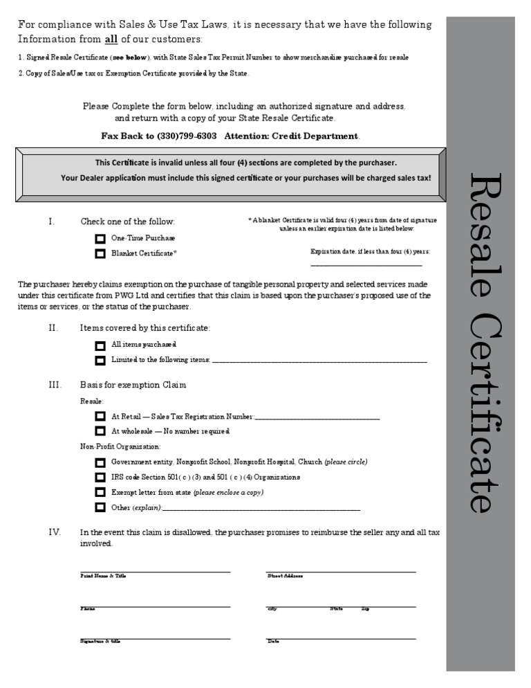 Resale Certificate | PDF | Sales Taxes In The United States | Use Tax