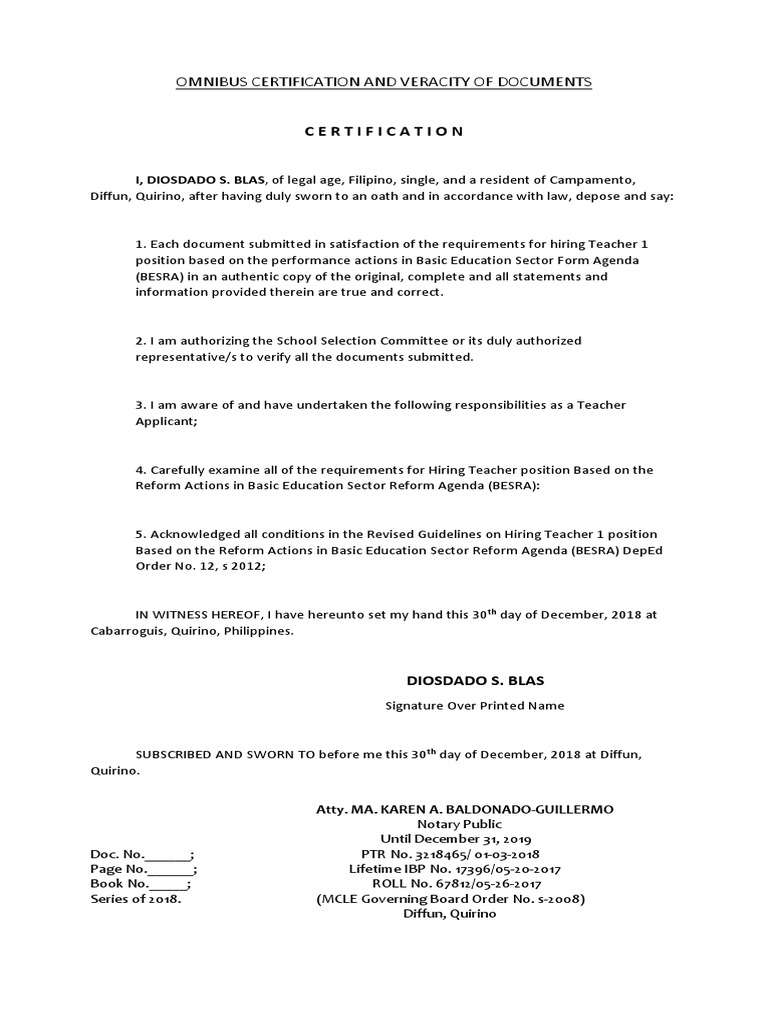 Omnibus Certification and Veracity of Documents | PDF