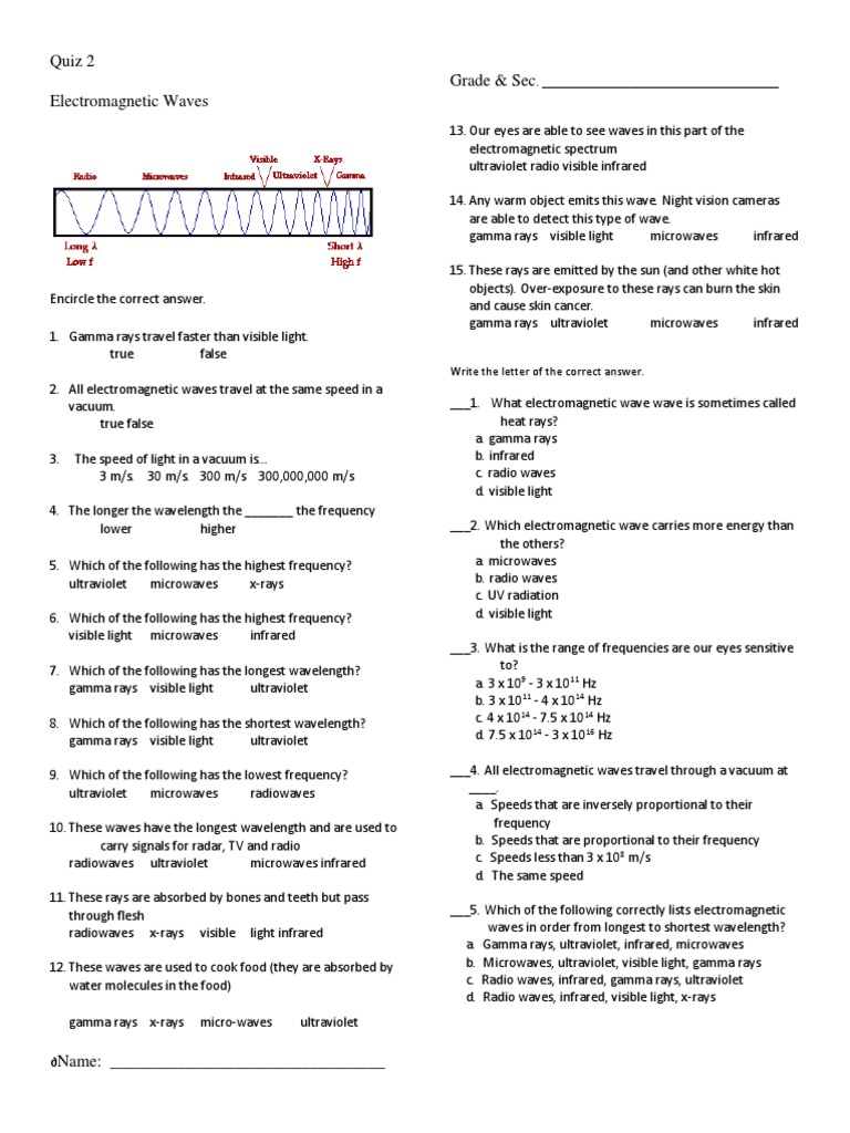 Quiz 2 Electromagnetic Waves Grade & Sec | PDF | Electromagnetic ...