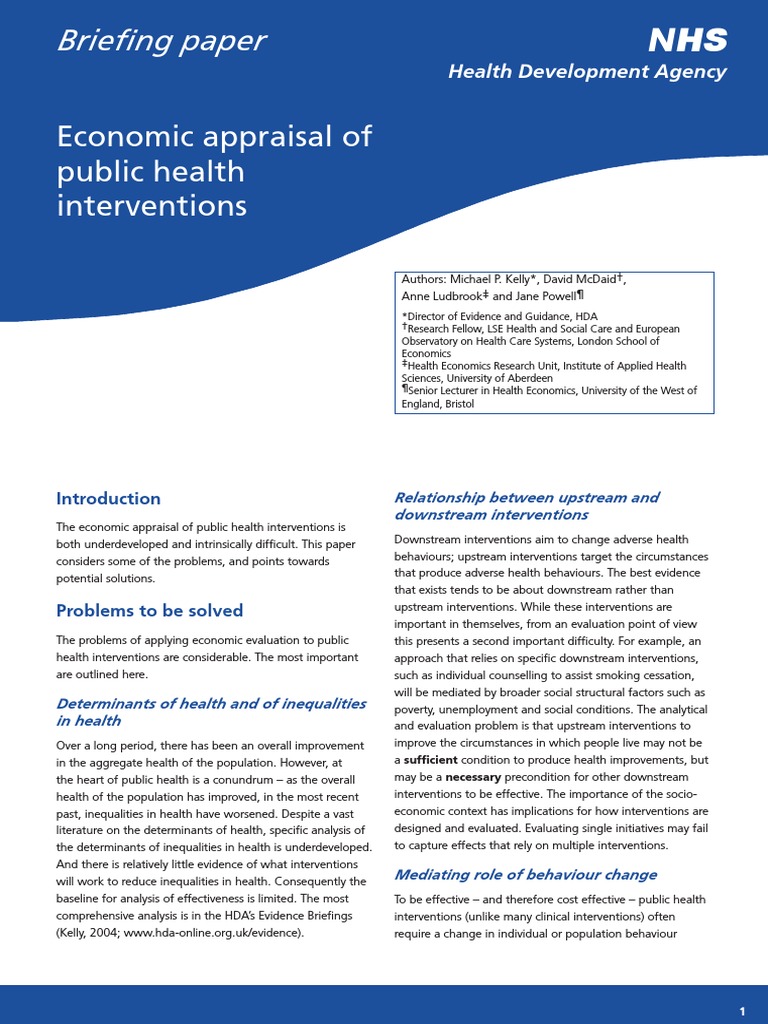 NHS Economic Appraisal of Public Health Interventions 2005 | PDF | Cost ...