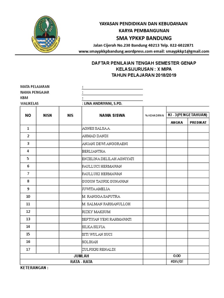 Blangko Format Nilai PTS | PDF