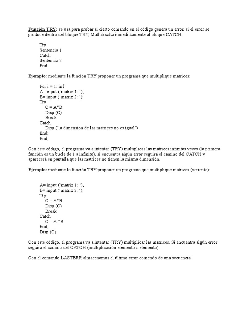 Un programa para multiplicar matrices utilizando la función TRY en MATLAB | PDF | Archivo de ...