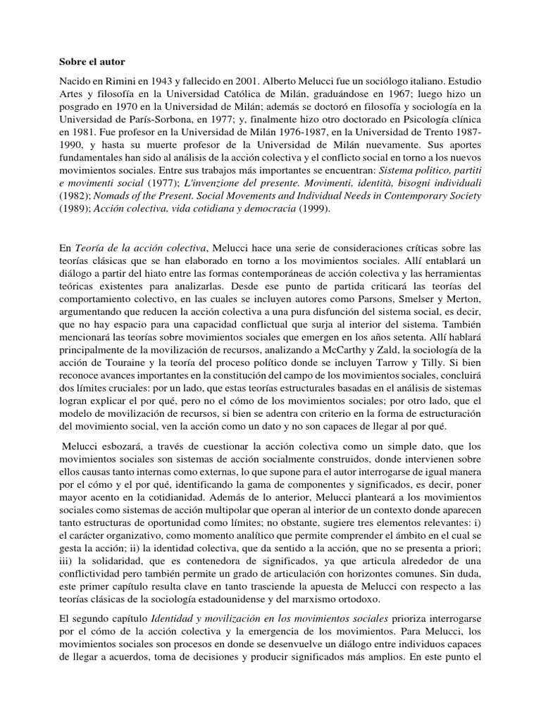 Reseña N°7 - Alberto Melucci, Acción Colectiva, Vida Cotidiana y ...