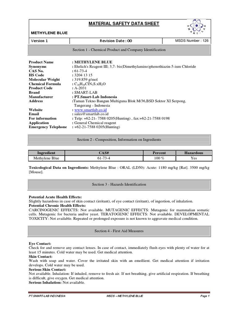 Msds Methylene Blue | PDF | Toxicity | Personal Protective Equipment