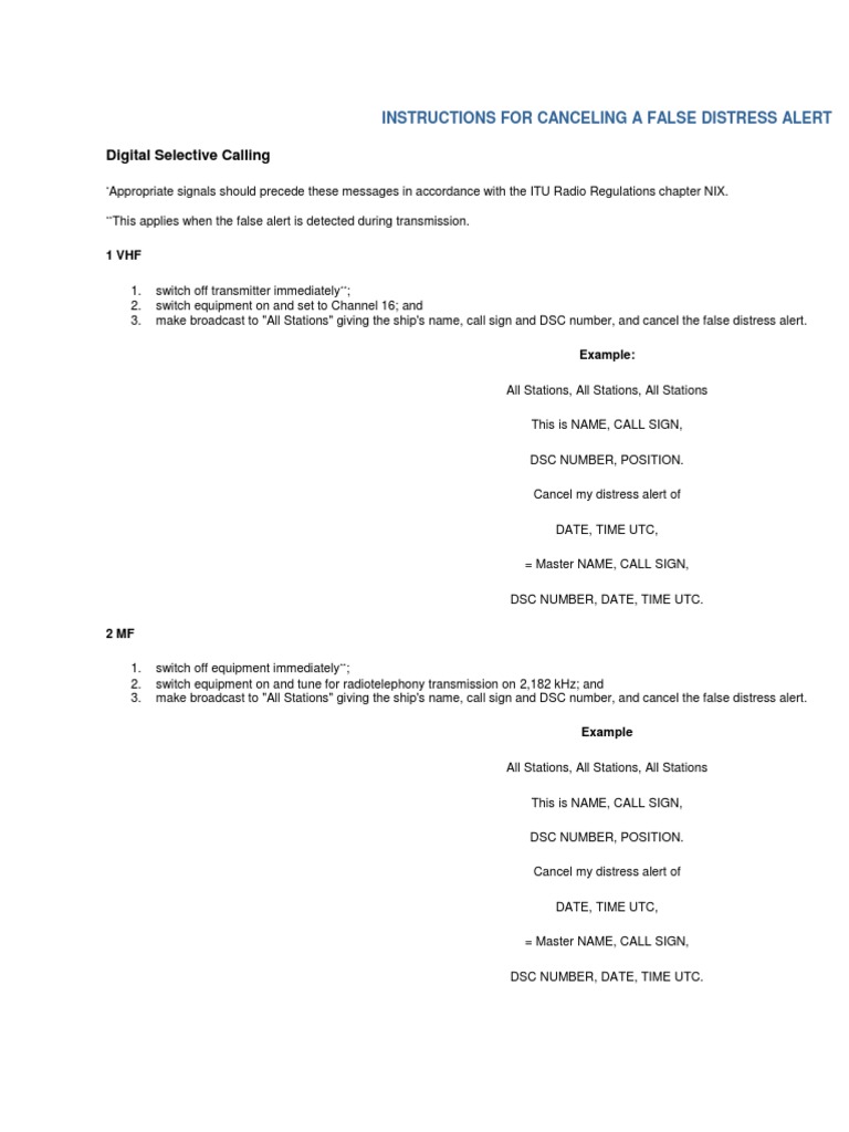 Instructions For Canceling A False Distress Alert | PDF | Information ...