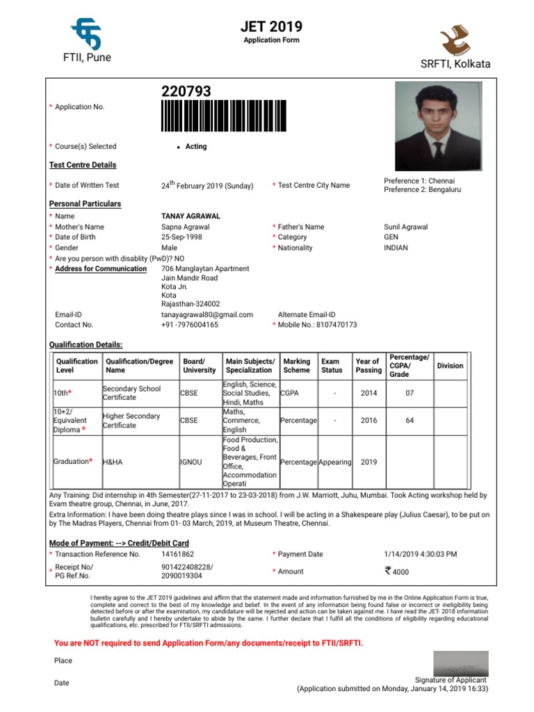 FTII JET 2019 Application Form Details | PDF | Receipt | Payments