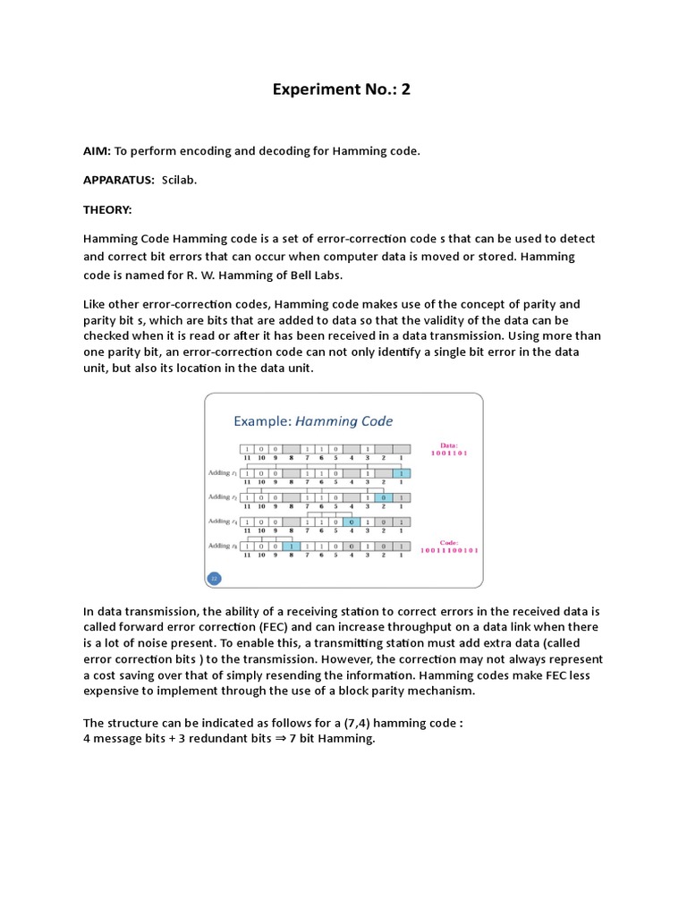 Experiment No.: 2: AIM: To Perform Encoding and Decoding For Hamming ...