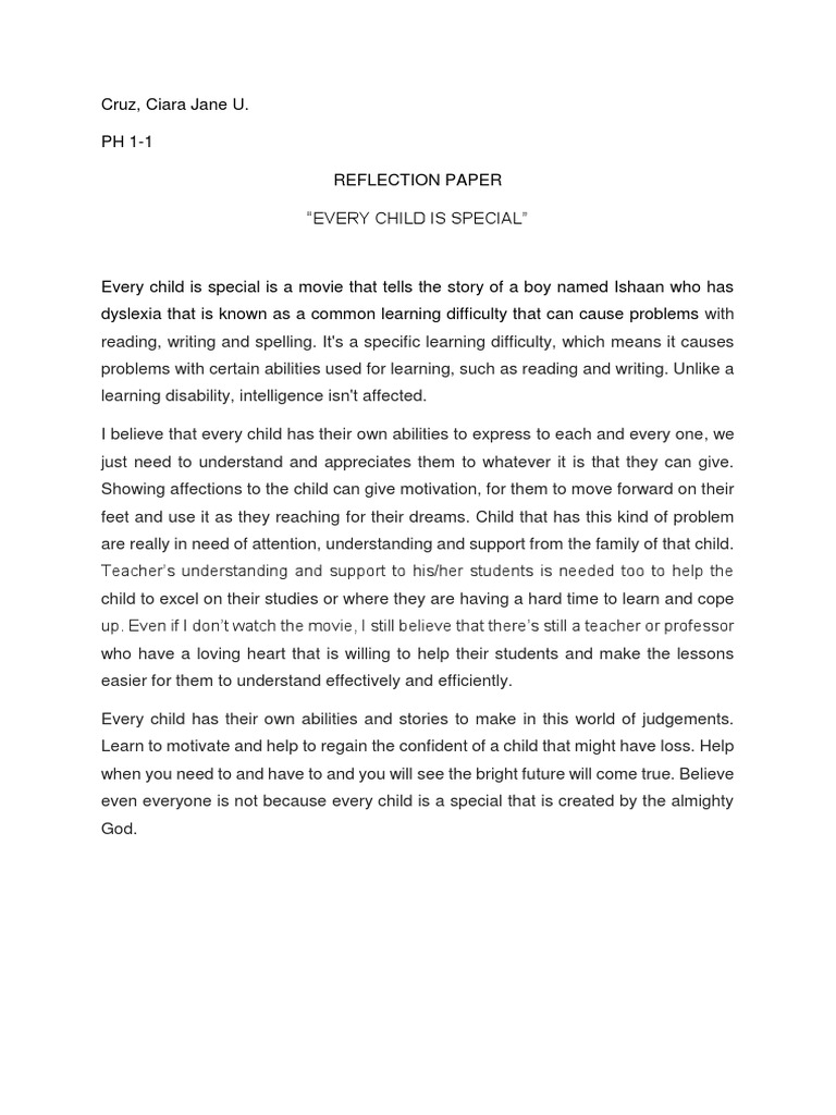 Cruz, Ciara Jane U. PH 1-1 Reflection Paper "Every Child Is Special" | PDF