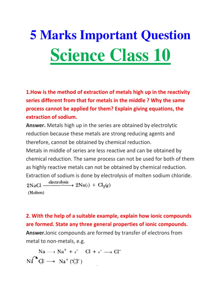 5 Marks Important Question: Science Class 10 | PDF | Prism | Ionic Bonding