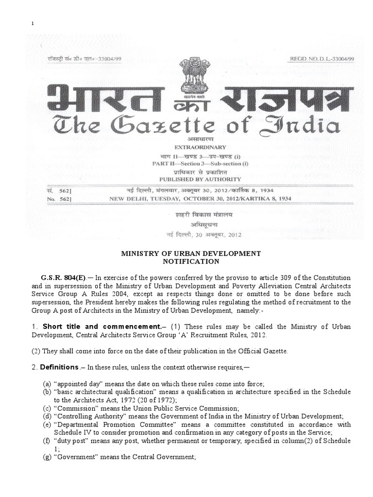 Ministry of Urban Development Notification G.S.R. 804 (E) . in Exercise ...