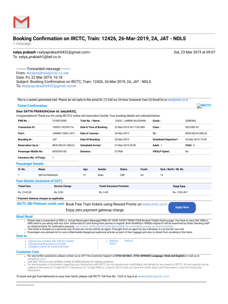 Gmail - Booking Confirmation On IRCTC, Train - 12426, 26-Mar-2019, 2A ...
