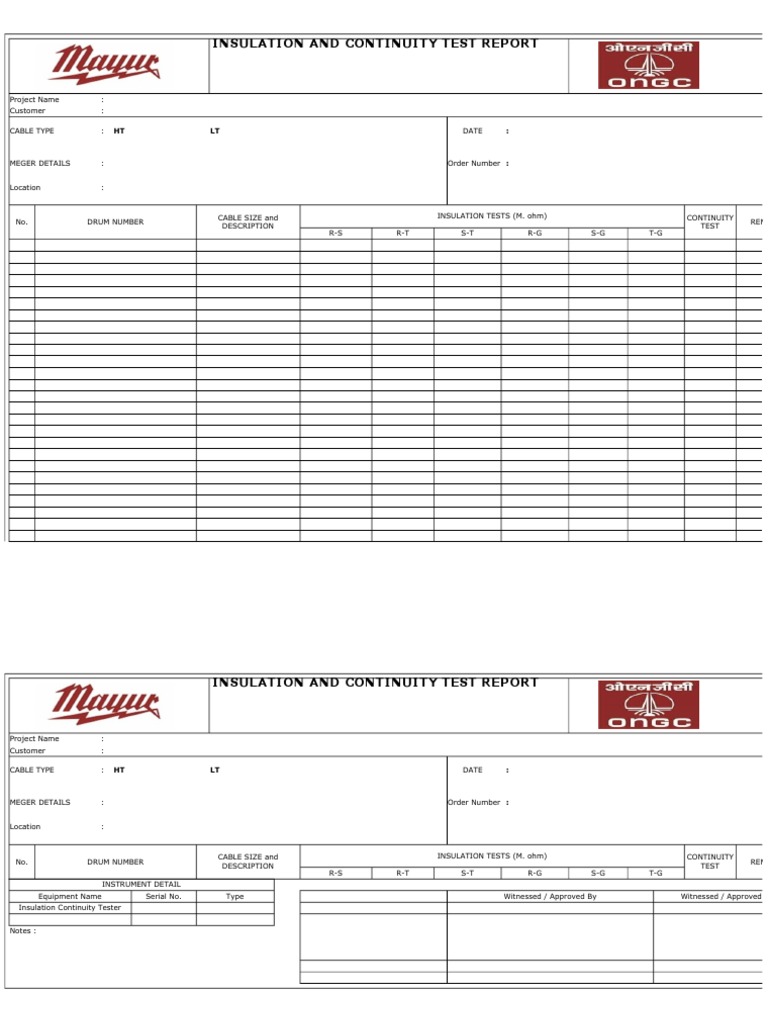 Electrical Power Cable Insulation And Continuity Test Report