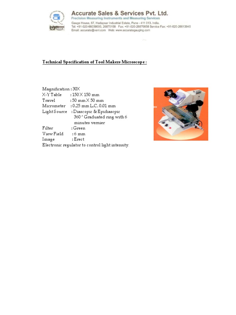 Specification of Tool Makers Microscope | PDF | Optical Devices | Equipment