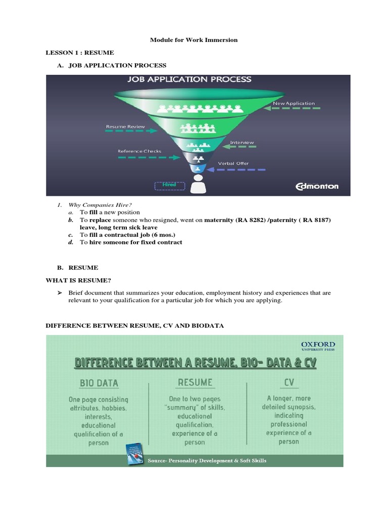 Module For Work Immersion Lesson 1: Resume A. Job Application Process ...