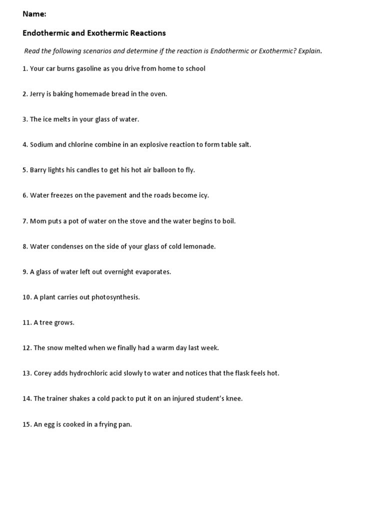 Endothermic and Exothermic Reactions Worksheet | PDF | Chemical ...