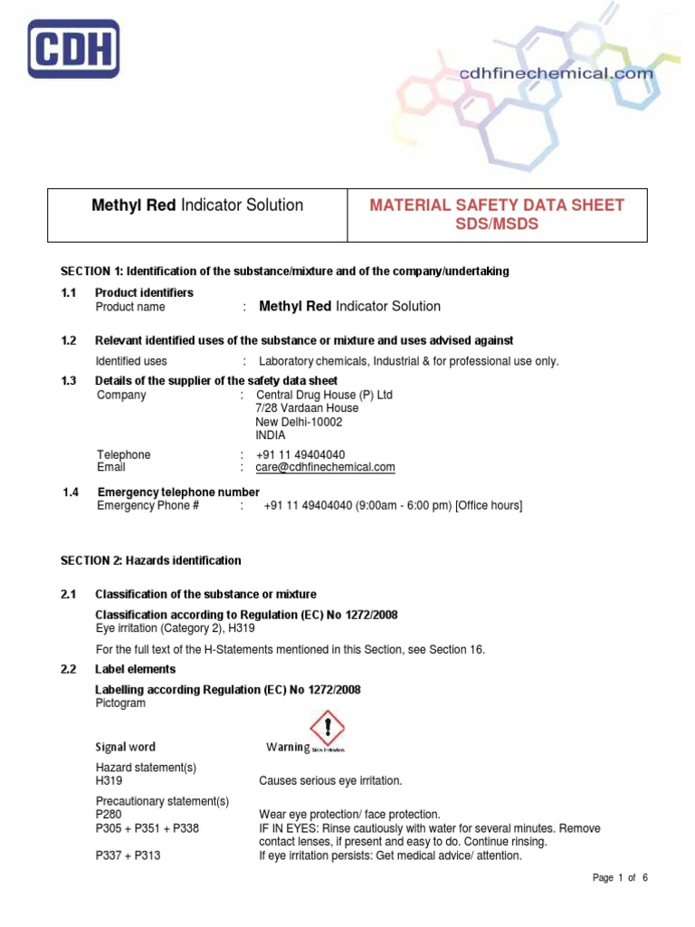 Methyl Red Indicator Solution MSDS | PDF | Toxicity | Personal ...