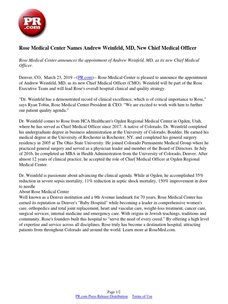 Andrew Weinfeld Appointed CMO at Rose Medical | PDF | Physician | Hospital