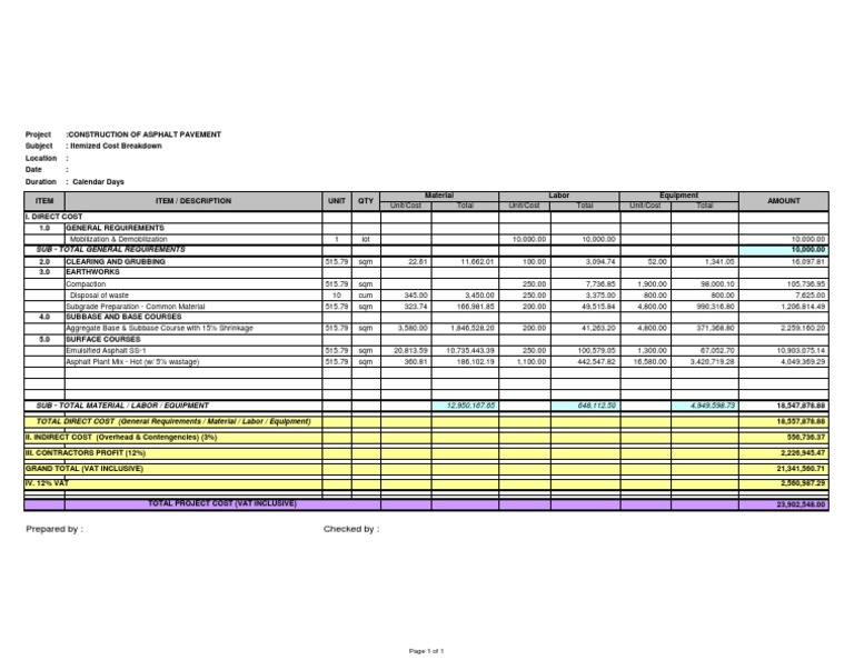 Asphalt Pavement Itemized Breakdown - Rev1 | PDF | Road Surface | Floors