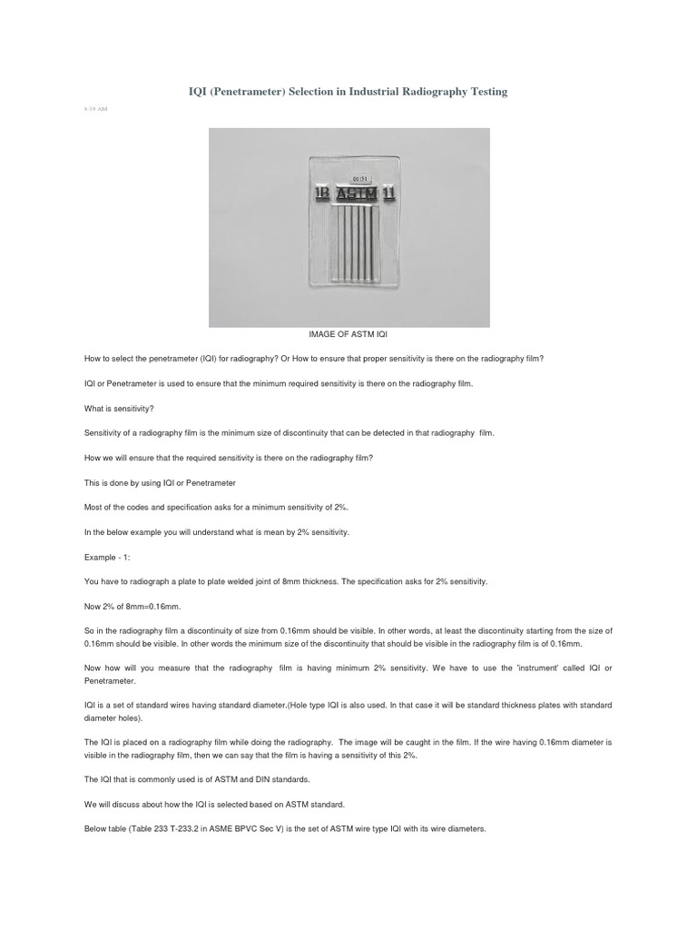 IQI (Penetrameter) Selection in Industrial Radiography Testing | PDF ...