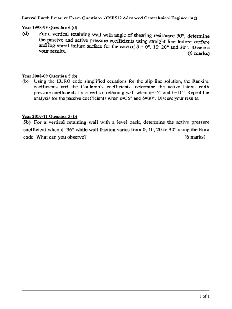 Lateral Earth Pressure Suggested Exam Answers (CSE512 Advanced Geotechnical Engineering) | PDF