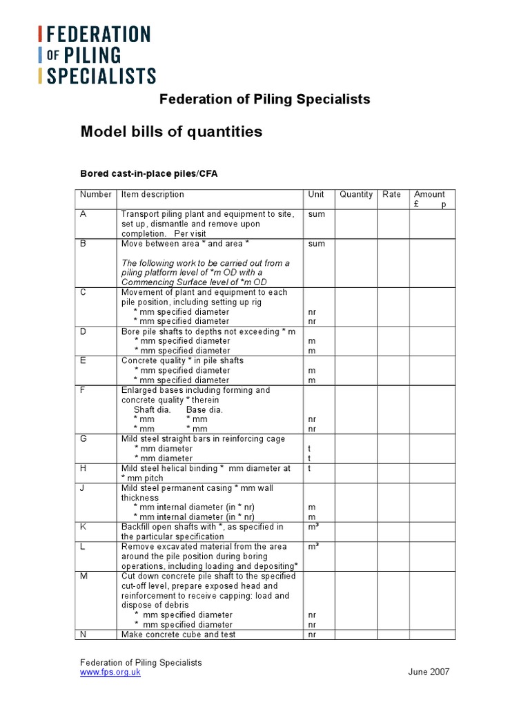Model Bills of Quantities: Federation of Piling Specialists | PDF ...