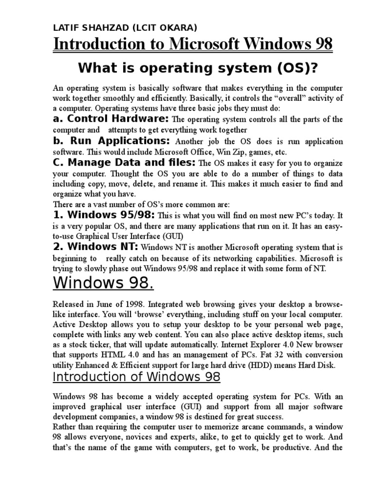 Introduction To Microsoft Windows 98 | PDF | Operating System ...