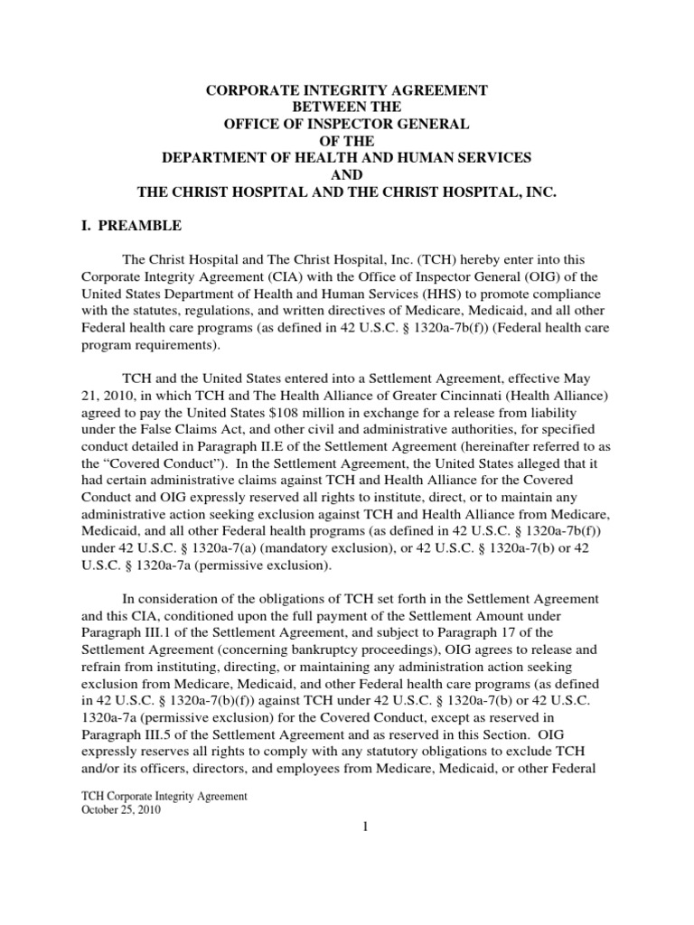 Corporate Integrity Agreement Between The OIG of HHS and The Christ ...