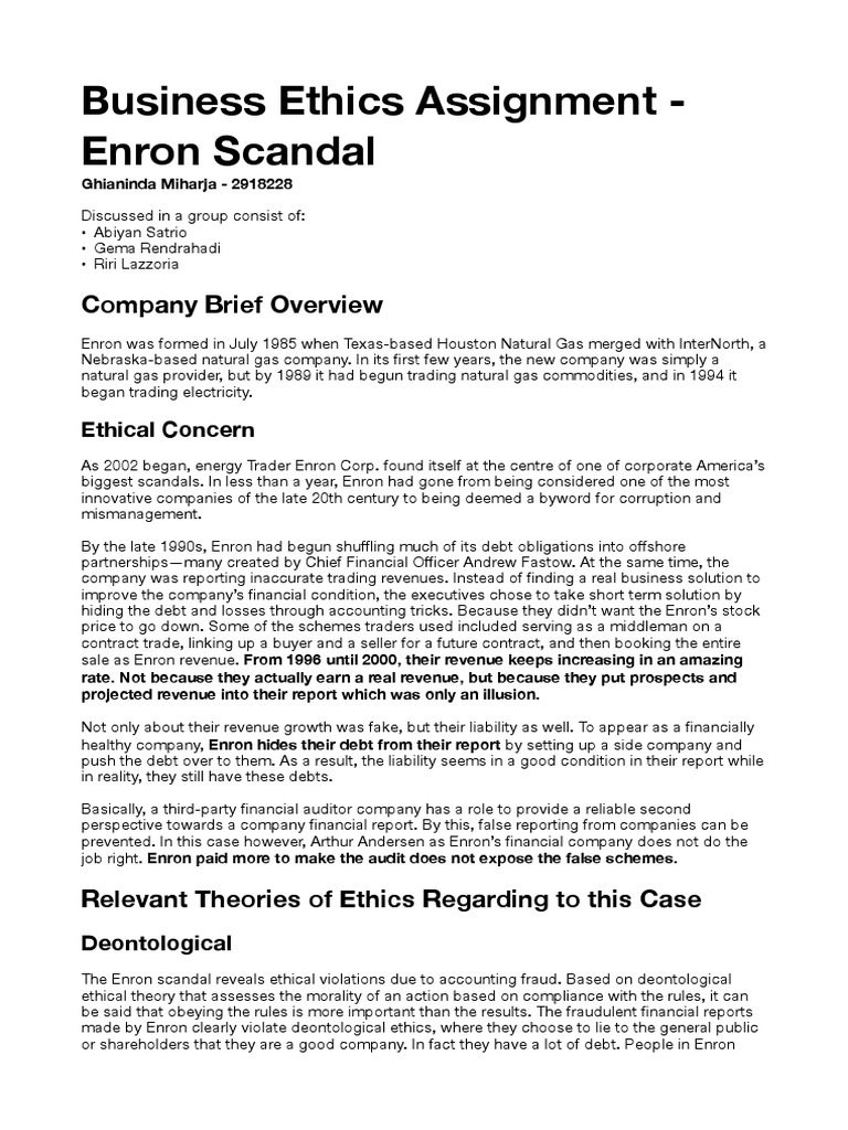 Business Ethics Assignment - Enron Scandal: Company Brief Overview ...