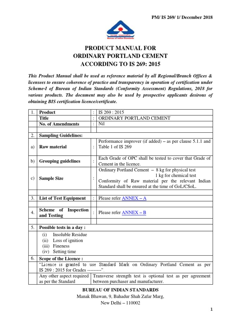 Product Manual for IS 269:2015 Cement | PDF | Calibration | Cement