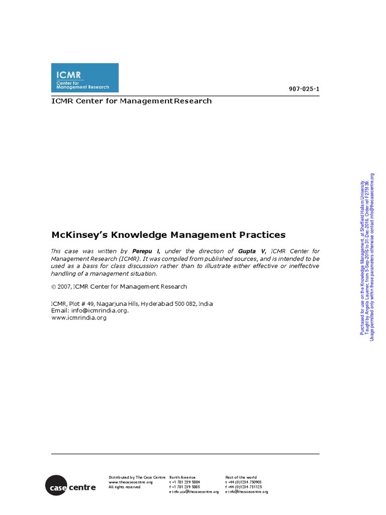Mckinsey'S Knowledge Management Practices: Icmr Center For Management ...