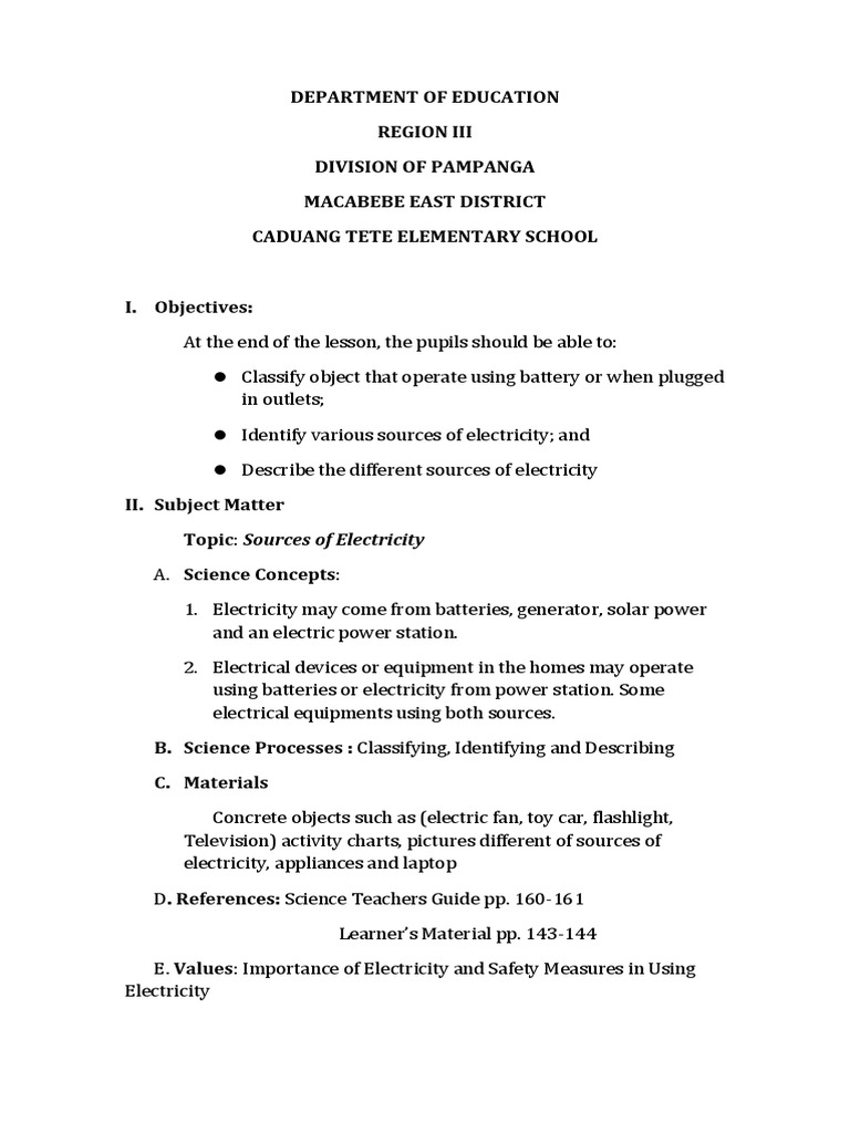Lesson Plan in Sci.3 Sources of Electricity | PDF | Electric Power ...