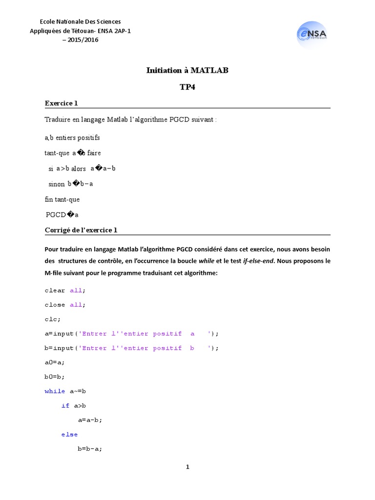 TP MATLAB: Algorithmes et Transformations | PDF | Enseignement des mathématiques | Analyse ...