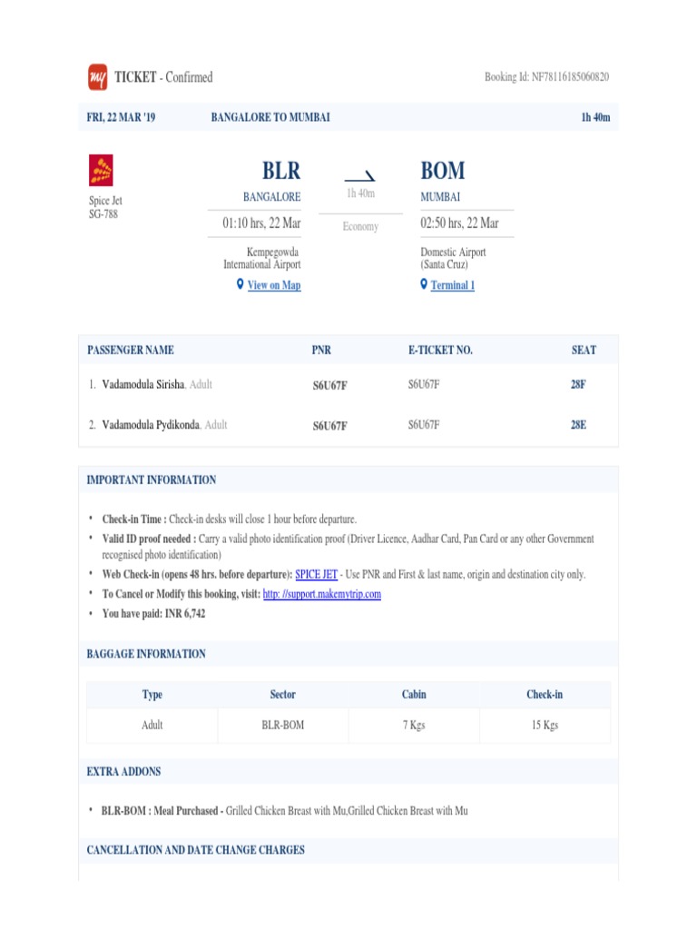 BLR BOM: TICKET - Confirmed | PDF | Aviation | Transport
