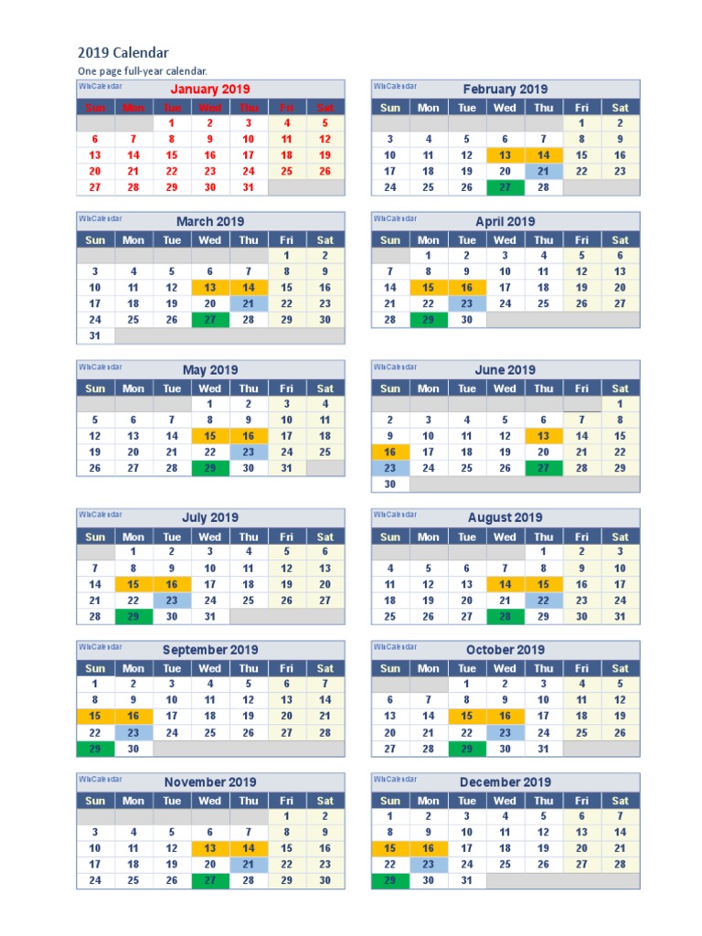 2019 Printable One-Page Calendar | PDF