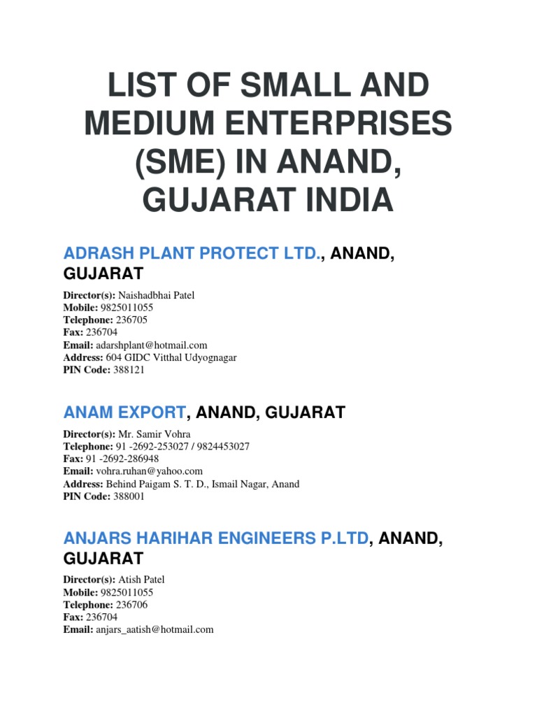List of Small and Medium Enterprises (Sme) in Anand, Gujarat India ...