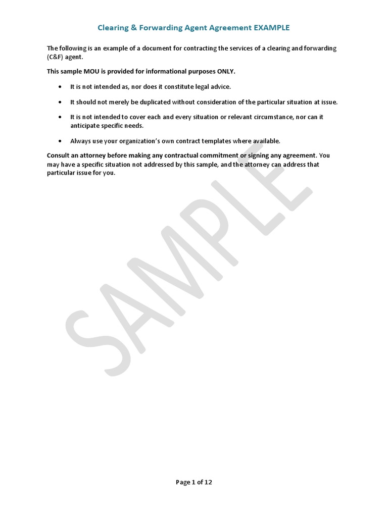 Clearing & Forwarding Agent Agreement EXAMPLE: This Sample MOU Is Provided For Informational ...
