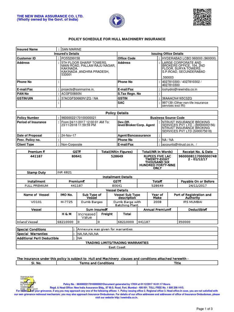 Policy Schedule for Hull Machinery Insurance of Dumb Barge VO101 ...