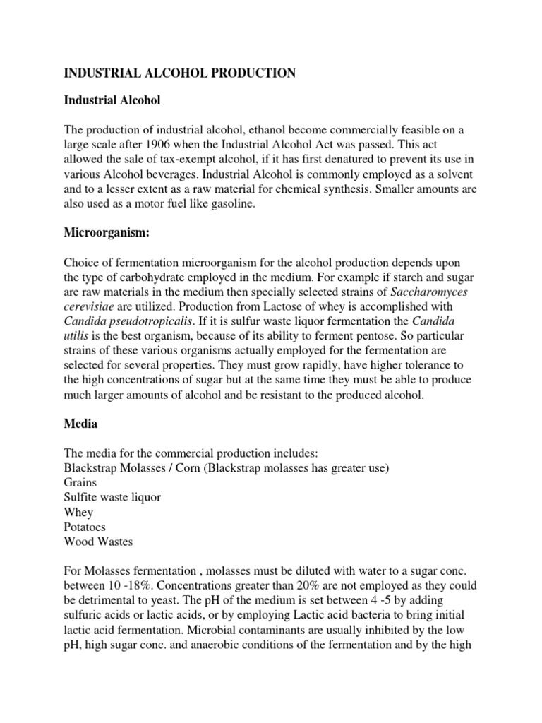 Industrial Alcohol Production | PDF | Ethanol | Fermentation