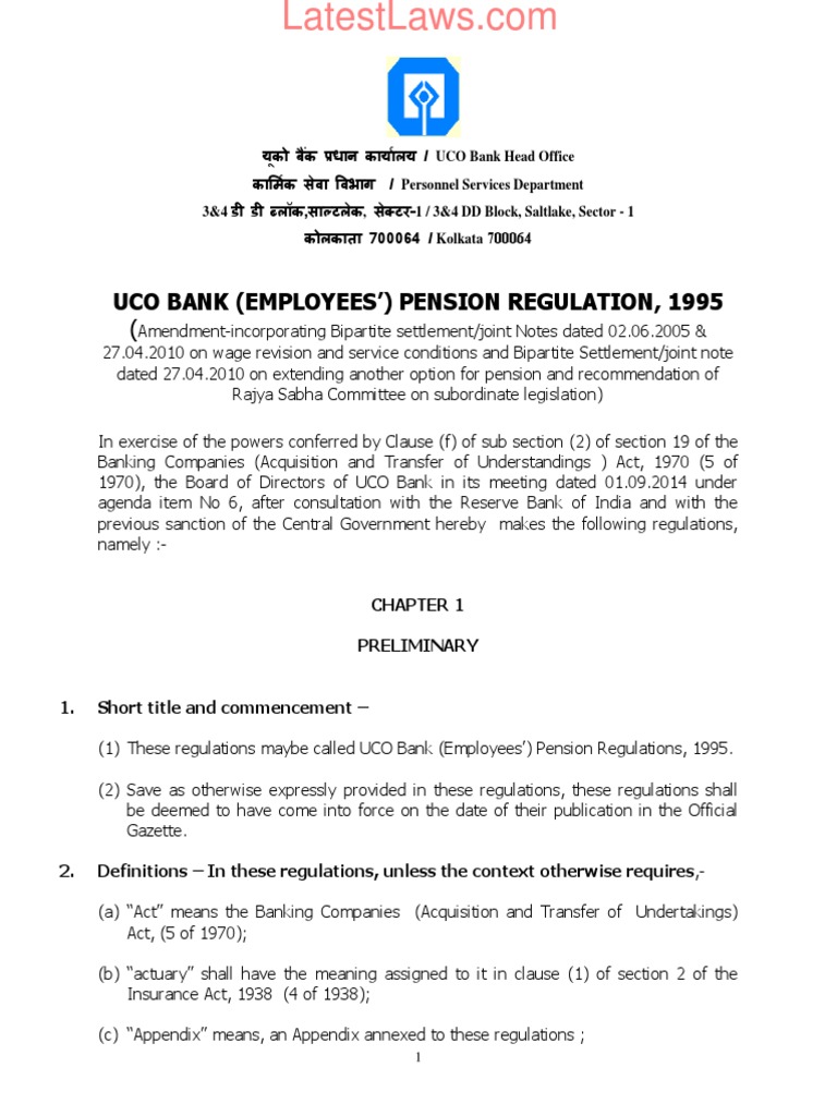 UCO Bank (Employees') Pension Regulation, 1995 | PDF | Pension | Retirement