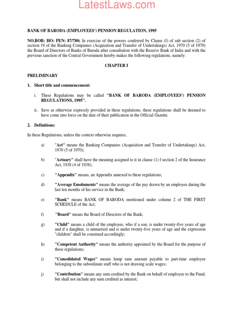 Bank of Baroda (Employees) Pension Regulations, 1995 | PDF | Pension | Retirement