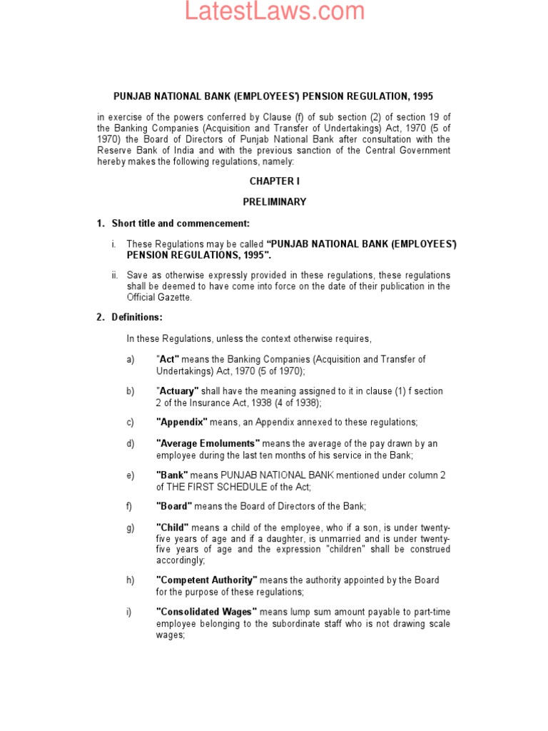 Punjab National Bank (Employees) Pension Regulations, 1995 | PDF