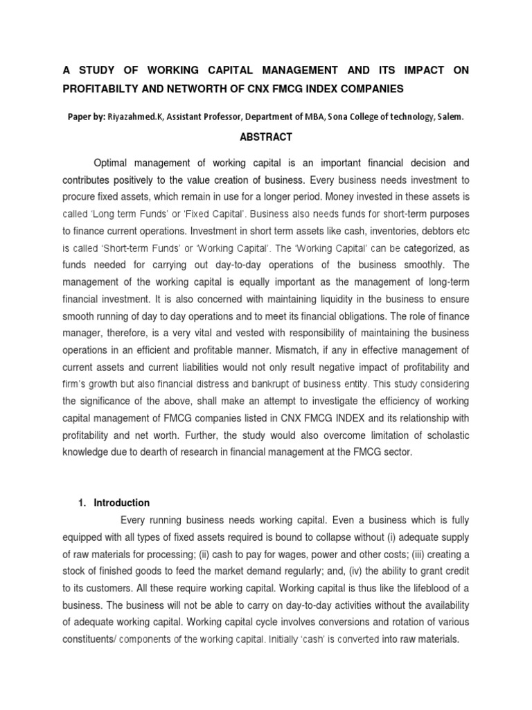 A Study of Working Capital Management and Its Impact On Profitabilty ...