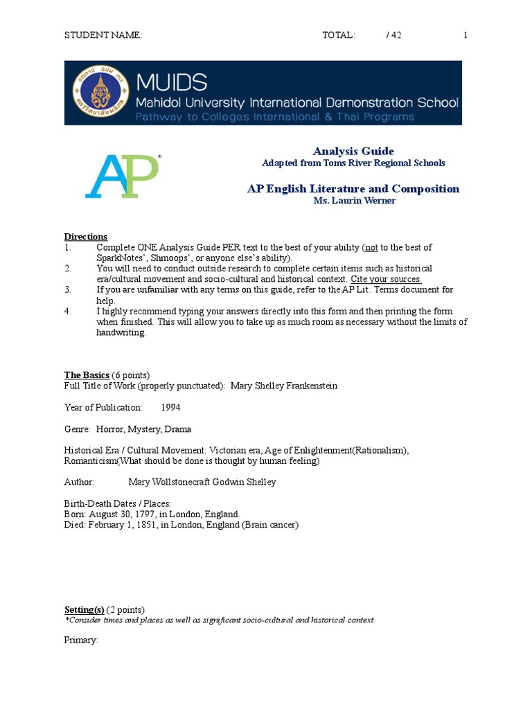 Analysis Guide AP English Literature and Composition: Directions | PDF ...